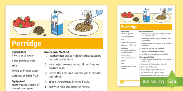 Goldilocks and the Three Bears Porridge Recipe Sheet - cooking