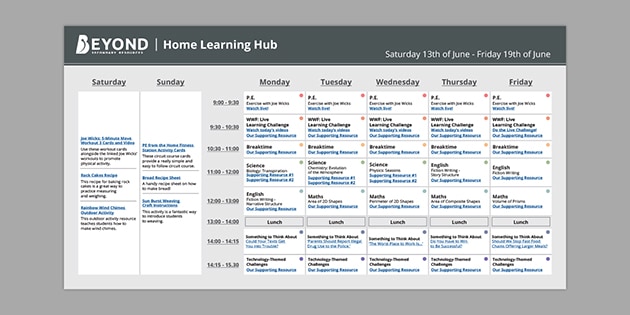 FREE! - Beyond Home Learning Timetable 13th to 19th June