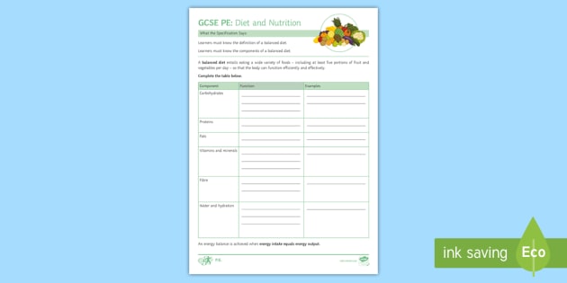 GCSE PE: Diet and Nutrition Worksheet (teacher made)