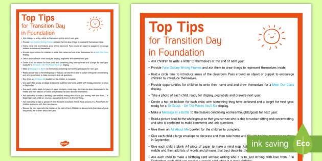 Foundation Phase Transition Day Top Tips Sheet