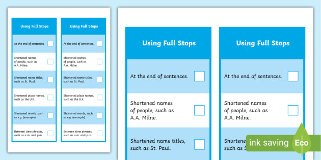Using Full Stops Bookmark (teacher made)