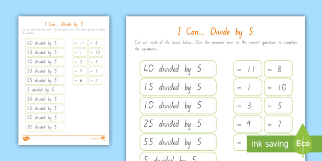 I Can Divide by 5 Cut and Match Worksheet