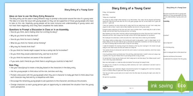 Diary Entry of a Young Carer Male Version Example Text