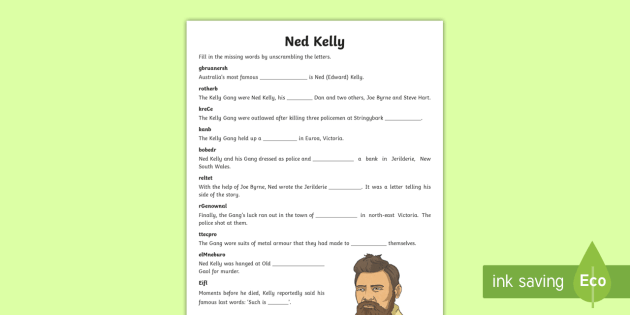 Ned Kelly Worksheet | Ned Kelly | History | Editing | Twinkl