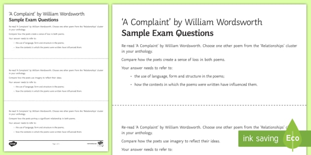 GCSE Poetry Exam Questions Pack to Support Teaching on 'A Complaint' by