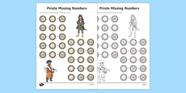 Pirate Themed Missing Numbers Addition to 20 Worksheet / Worksheet ...