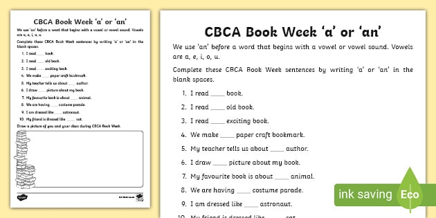 CBCA Book Week 'a' or 'an' Worksheet (teacher made)