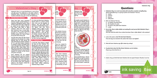 Valentine’s Day Reading Comprehension | Worksheets | Twinkl