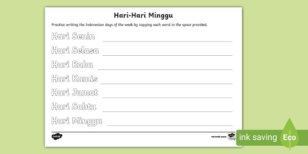 Days of the Week Handwriting Practice Indonesian