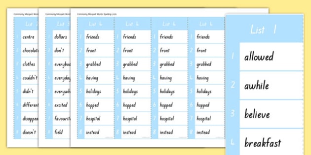 New Zealand Commonly Misspelt Words Spelling Lists