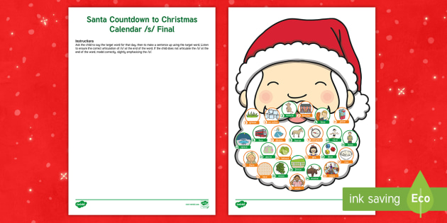 Santa Countdown to Christmas Calendar /s/ Final Worksheet
