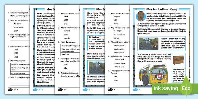 All About Martin Luther King Differentiated Reading Comprehension Activity