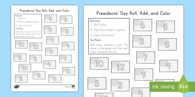 Presidents' Day Roll, Add, and Color Activity