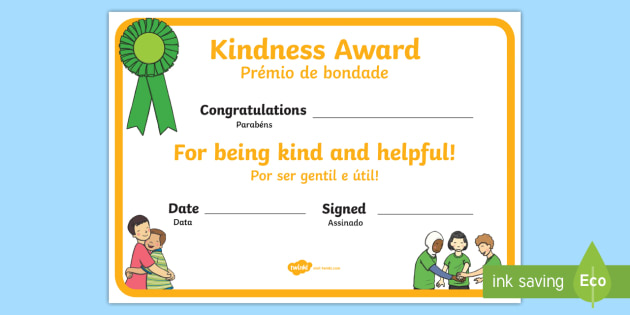 Kindness Award Certificate English/Portuguese - Kindness Award Certificate