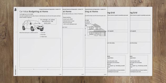 Budgeting at Home Interest and Depreciation Worksheet Pack