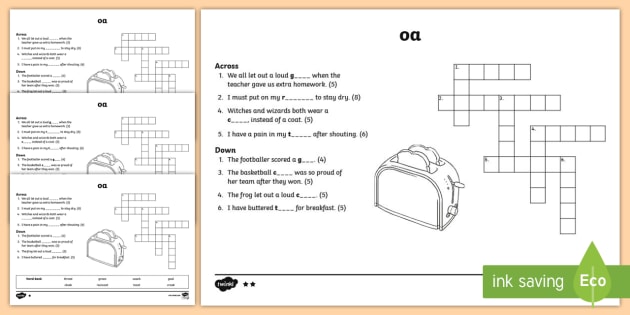 'oa' Digraph Differentiated Crossword (teacher made)