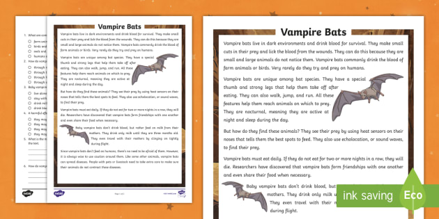 Fourth Grade Vampire Bats Reading Comprehension Activity