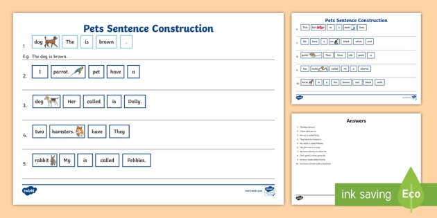 Pets Sentence Construction Worksheet / Worksheet