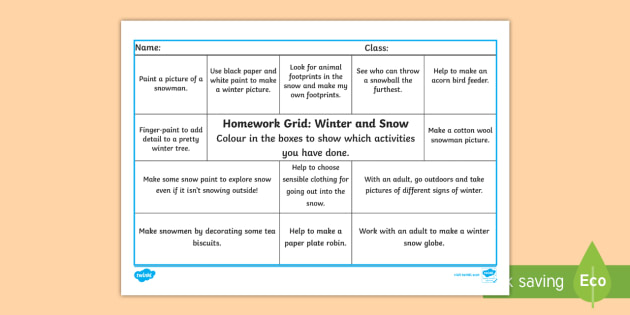 Winter and Snow CfE Homework Grid (teacher made)