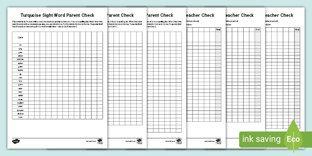 Turquoise Reading Sight Words Checklist (teacher made)