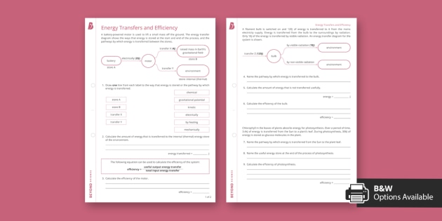Energy Transfer Diagrams and Efficiency Worksheet
