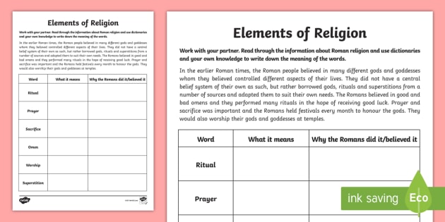 The Romans Elements of Religion Worksheet / Worksheet