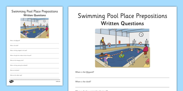 Swimming Pool Place Prepositions Written Questions