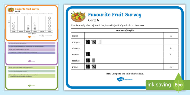Favourite Fruits Survey Tally and Pictogram Maths Challenge Cards