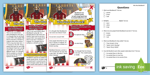KS1 Who was Blackbeard? Differentiated Reading Comprehension