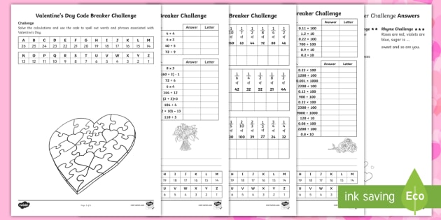 Valentine s Day Maths Code Breaker Sheet Primary Years Valentine s Day Maths Code Breaker Sheet Primary Years