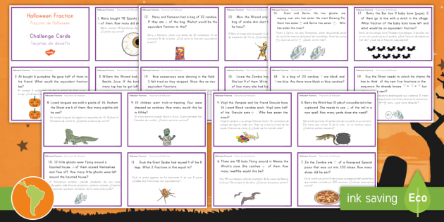 Halloween Fractions Challenge Cards English/ Spanish