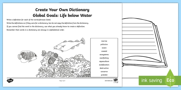 Global Goals Life Below Water Create Your Own Dictionary Worksheet