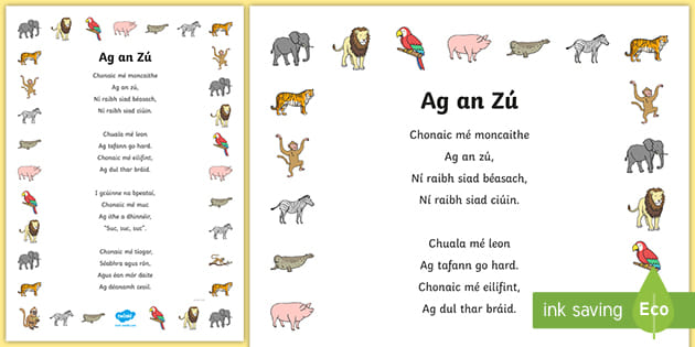 Poem: At the Zoo (Ag an zú) Display Poster Gaeilge - ROI - Irish Language