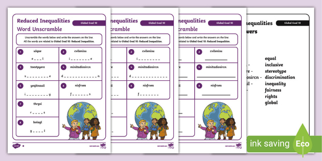 Global Goals: Reduced Inequalities Word Unscramble Activity