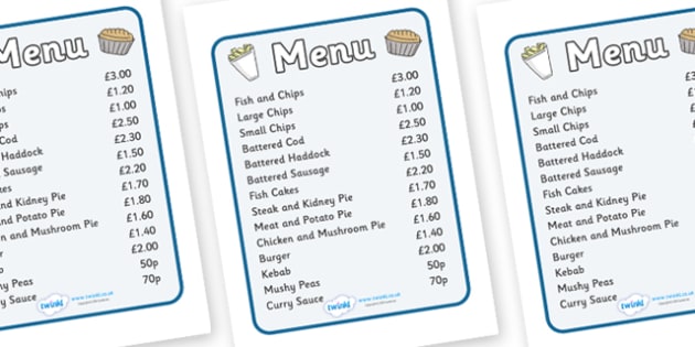 Fish And Chip Shop Role Play Menu (teacher made)