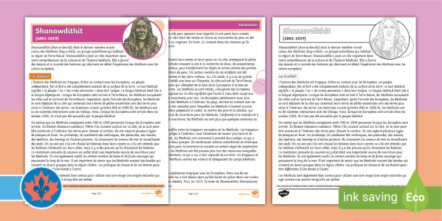 Shanawdithit Reading Comprehension French (teacher made)