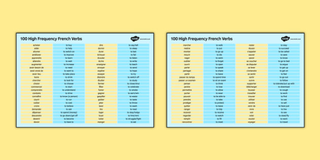 100 High Frequency Verbs Word Mat French (teacher made)