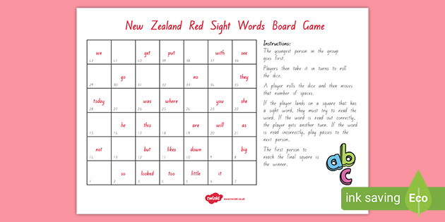 New Zealand Red Sight Words Board Game (teacher made)