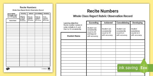 Recite Numbers EYLF Assessment Rubric/Guide to Making Judgement