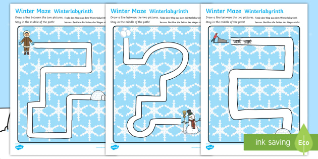 Winter Pencil Control Path Worksheet / Worksheets English/German