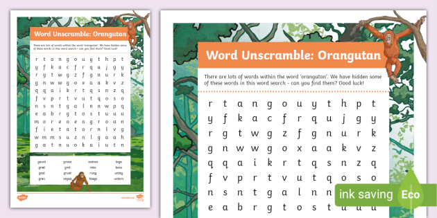 Orangutan Word Unscramble Word Search (teacher made)