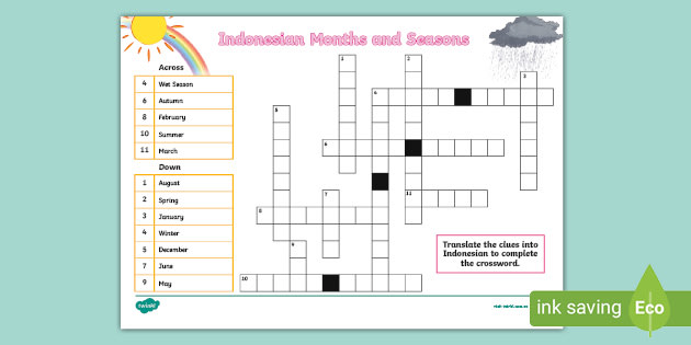Months and Seasons Crossword Indonesian (teacher made)