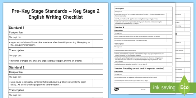 Pre-Key Stage Standards KS2 English Writing Assessment Checklist