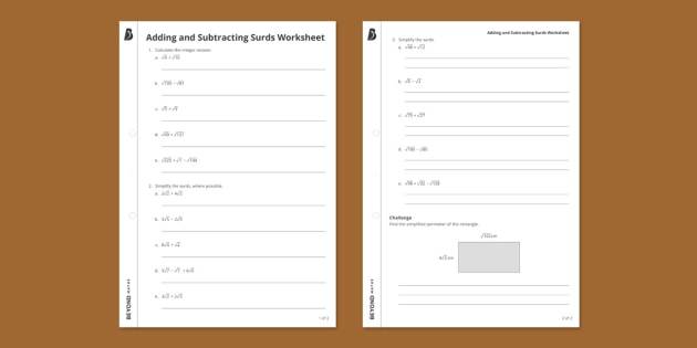 Adding and Subtracting Surds Worksheet (teacher made)