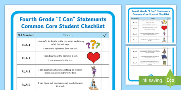 Fourth Grade I Can Statements Common Core Student Checklist Large Posters