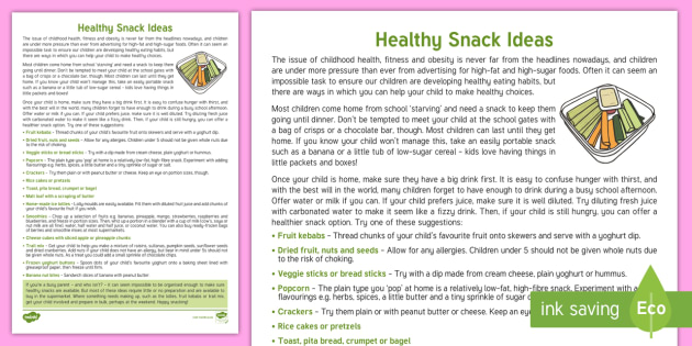 Healthy After School Snack Ideas Parent and Carer Information Sheet