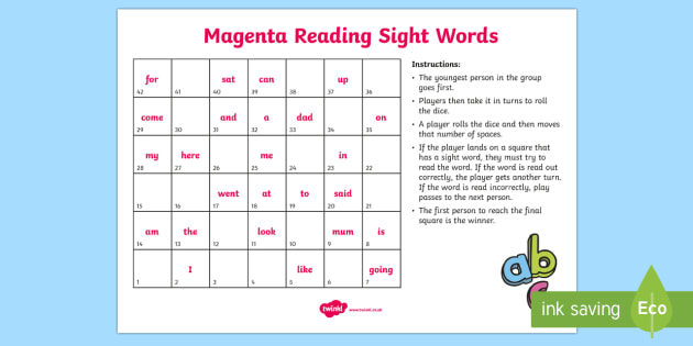Magenta Reading Sight Words Board Game (teacher made)