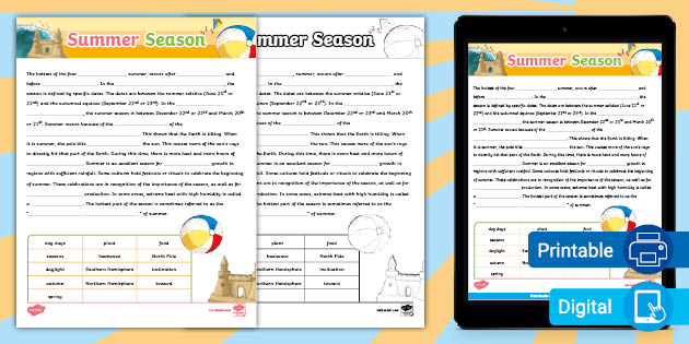 Fifth Grade Summer Season Cloze Reading Activity