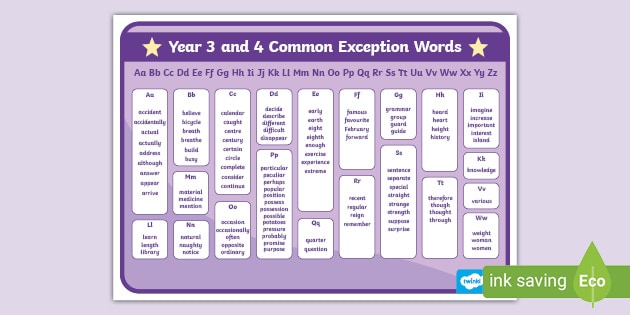 Year 3 and 4 Common Exception Words Display Poster