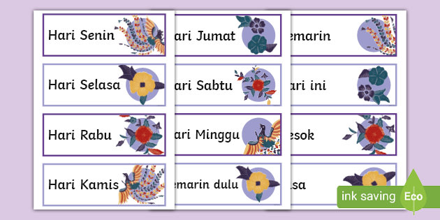 Days of the Week Batik Word Cards Indonesian (teacher made)
